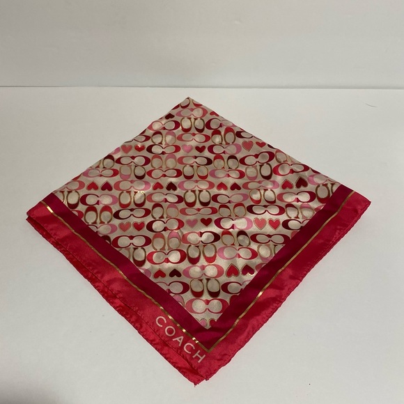 Coach | Accessories | Coach Pink Gold Signature Coach Logo Silk Scarf ...